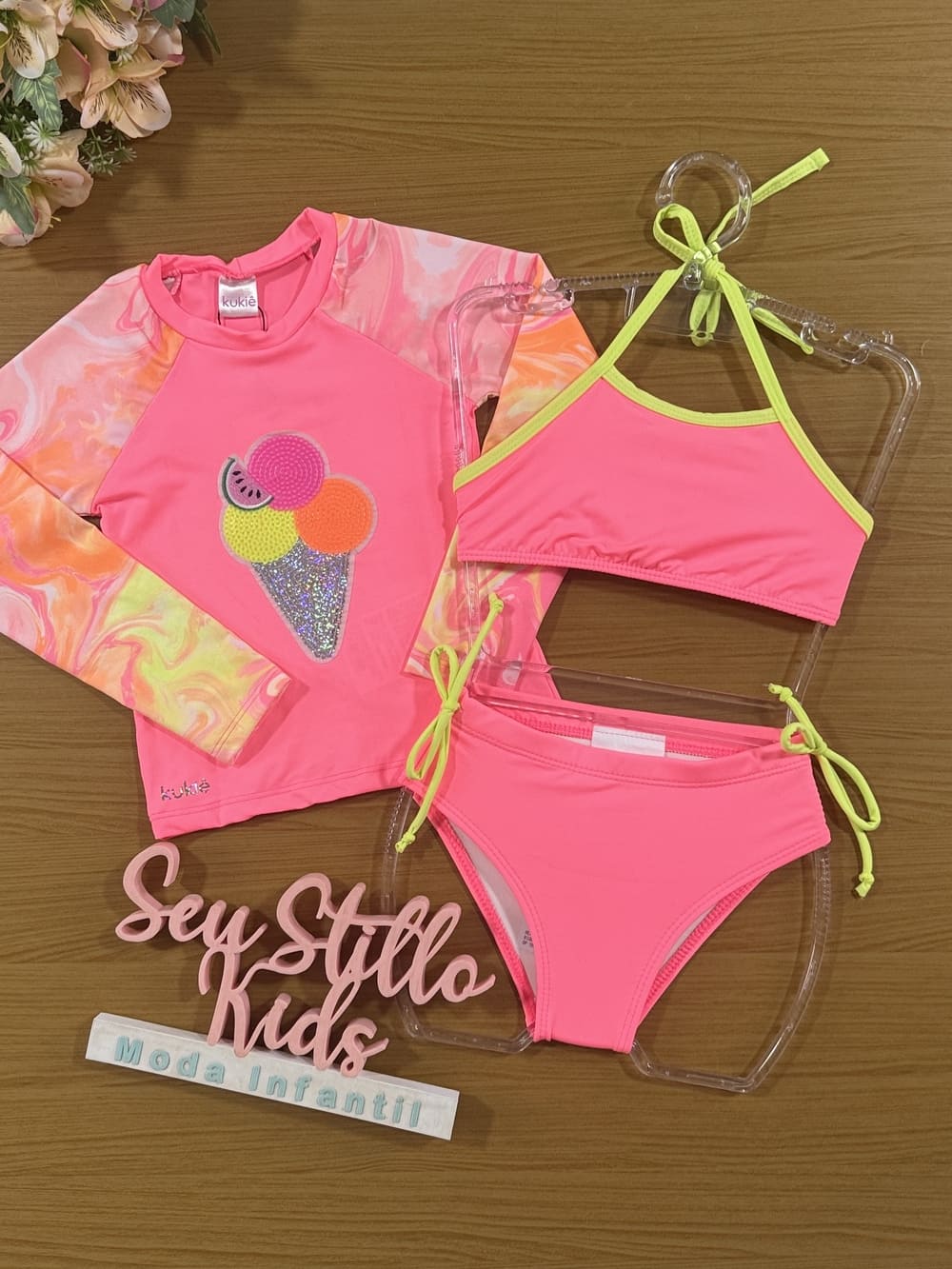 Biquíni iInfantil Kukie Verão com Blusa Manga Longa Rosa Sorvete – Seu ...